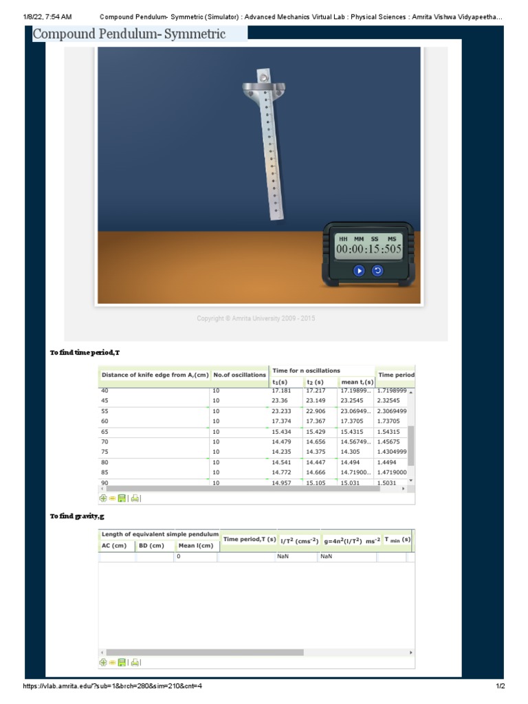 Compound Pendulum Symmetric Simulator Advanced Mechanics Virtual