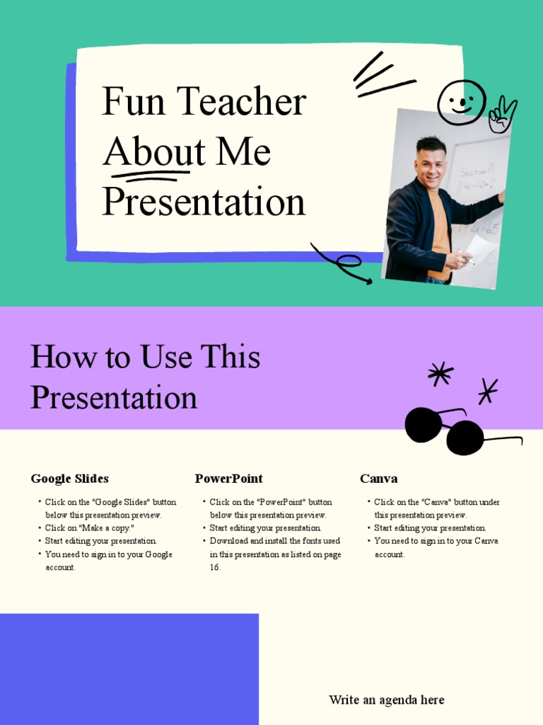Green Purple and Blue Fun Doodle and Blobs Fun Teacher About Me Creative Presentation ...