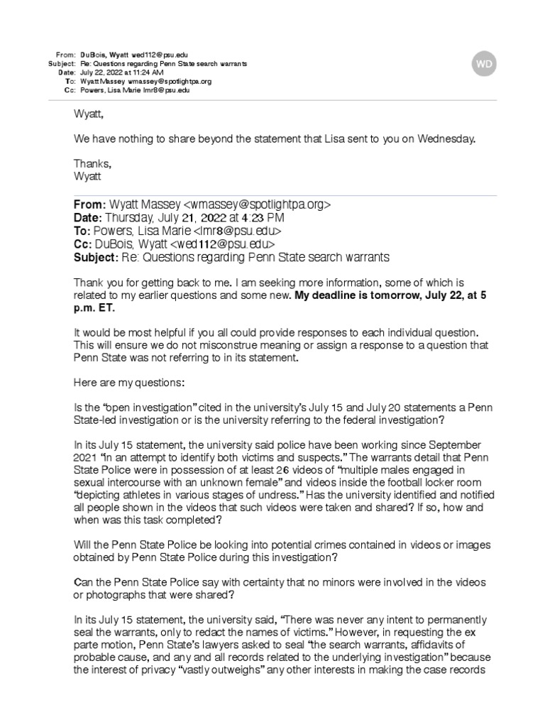 Spotlight PA-Penn State Email Exchange | PDF | Privacy | Search Warrant