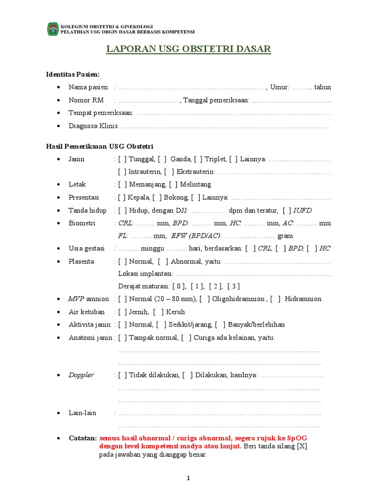Kolegium OBGIN 2020, USG, Laporan USG Obstetri Dasar Untuk PPDS Dan ...