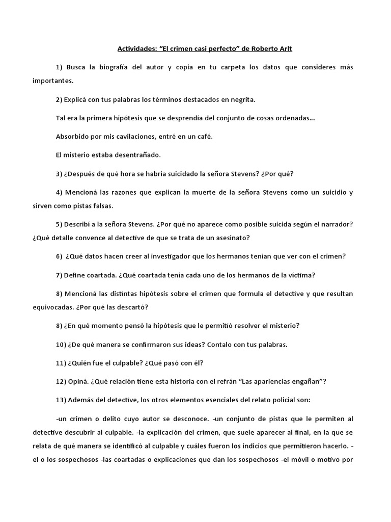 Actividades El Crimen Casi Perfecto | PDF | Suicidio | Cuentos