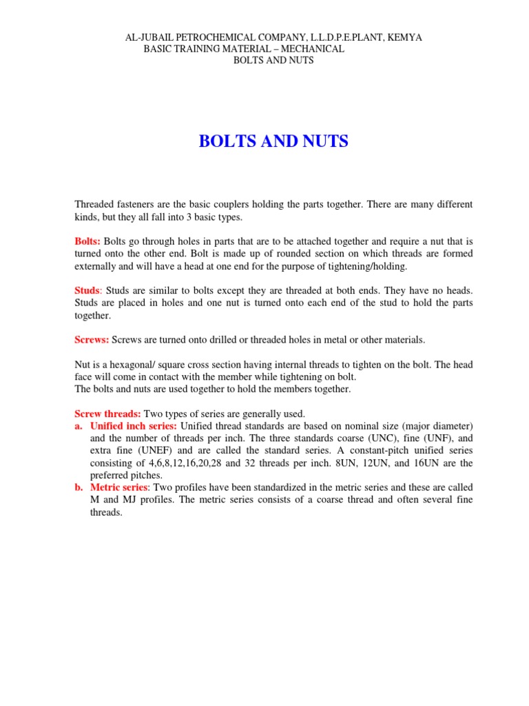 Bolts and Nuts-Basic | PDF | Screw | Metalworking