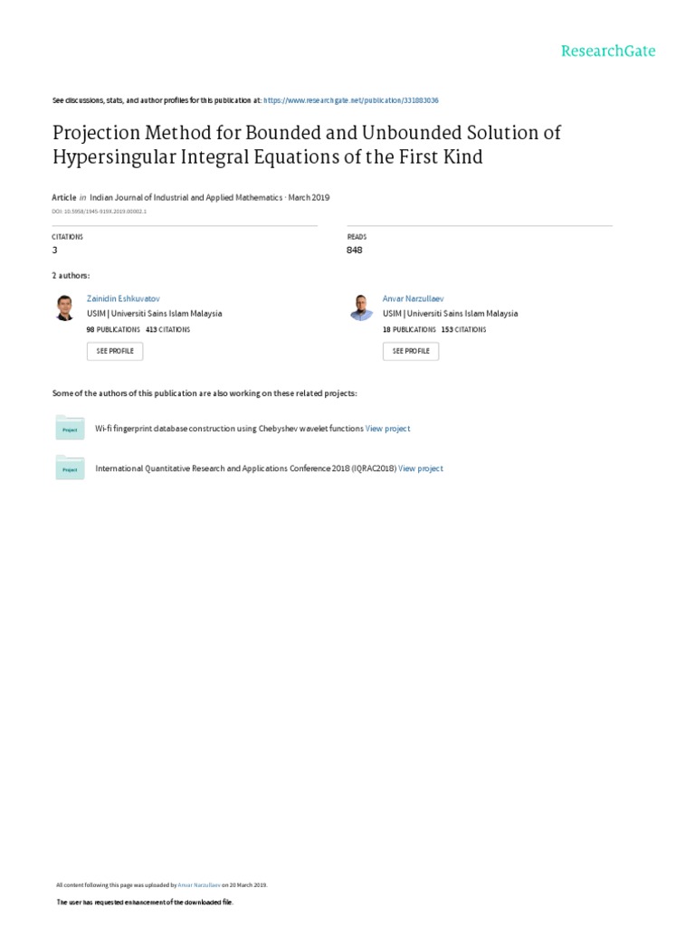 Projection Method For Bounded and Unbounded Solution of Hypersingular Integral Equations of The ...
