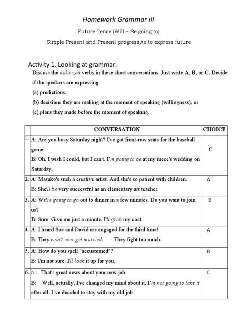 Homework Grammar III: Activity 1. Looking at Grammar | PDF ...