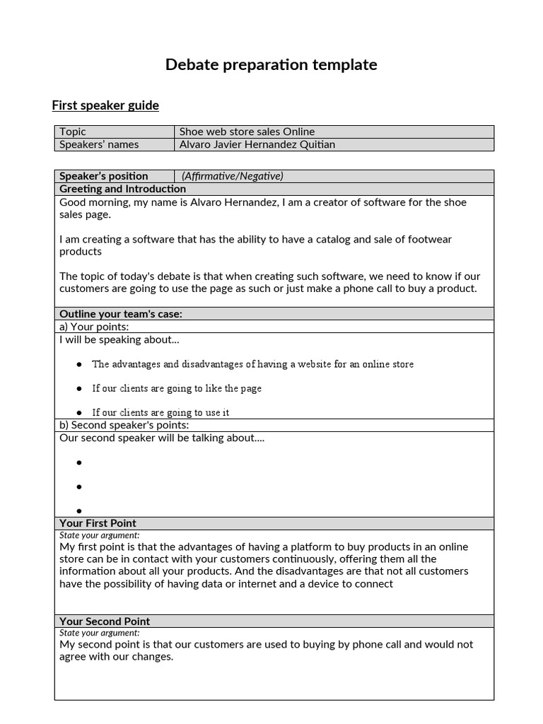 Debate Preparation Template: First Speaker Guide | PDF | Websites ...