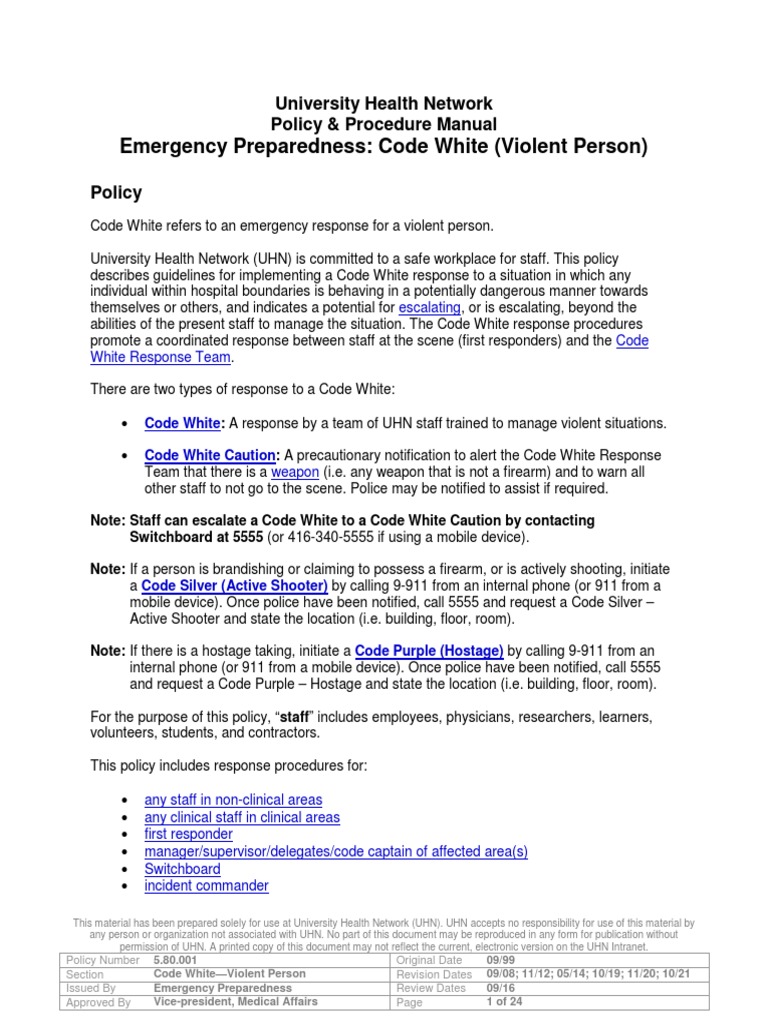 Emergency Preparedness: Code White (Violent Person) : University Health ...