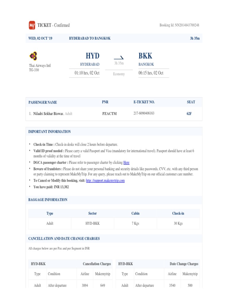 HYD BKK: TICKET - Confirmed | PDF | Service Industries | Aviation