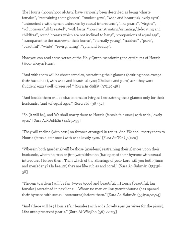 Quranic descriptions of Houris and their attributes | PDF | Religious ...