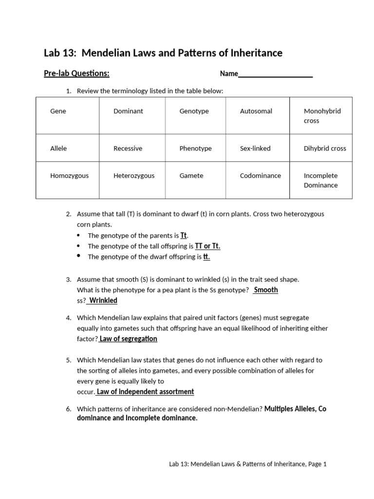 Lab 13: Understanding Mendelian and Non-Mendelian Patterns of ...