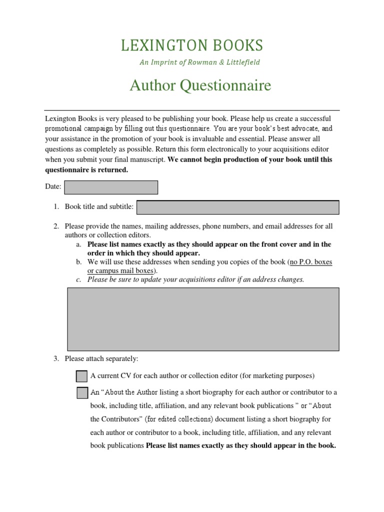 Lexington Books Author Questionnaire | PDF | Books | Public Sphere