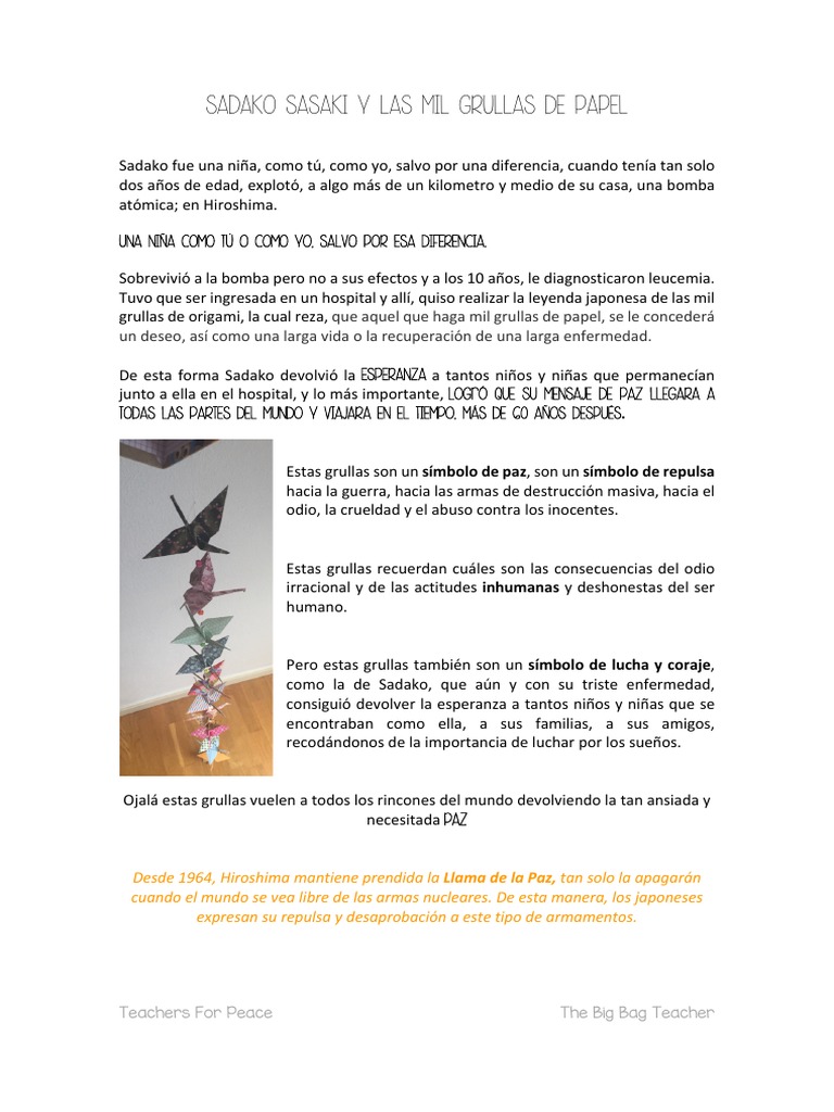 Sadako Sasaki y Las Mil Grullas de Papel | PDF