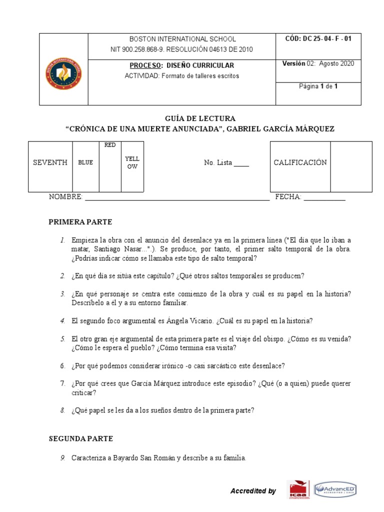 Guia de Lectura Cronica de Una Muerte Anunciada | PDF