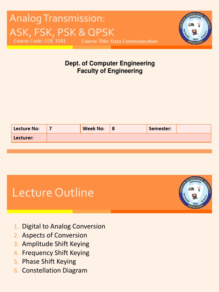 Analog Transmission: Ask, FSK, PSK & QPSK: Dept. of Computer ...