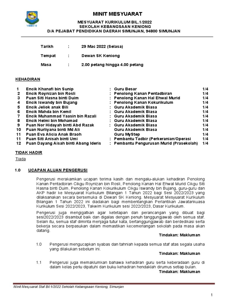 Minit Mesyuarat Kurikulum 1 | PDF