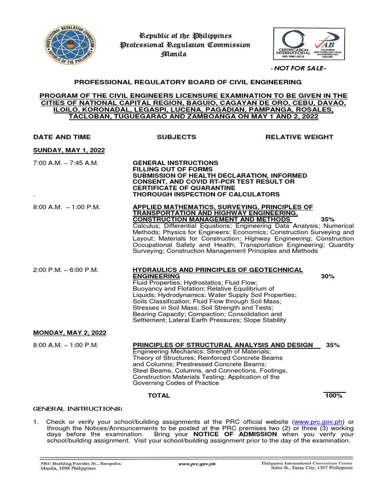 Civil Engineering Licensure Exam 2022 Schedule | PDF | Civil ...