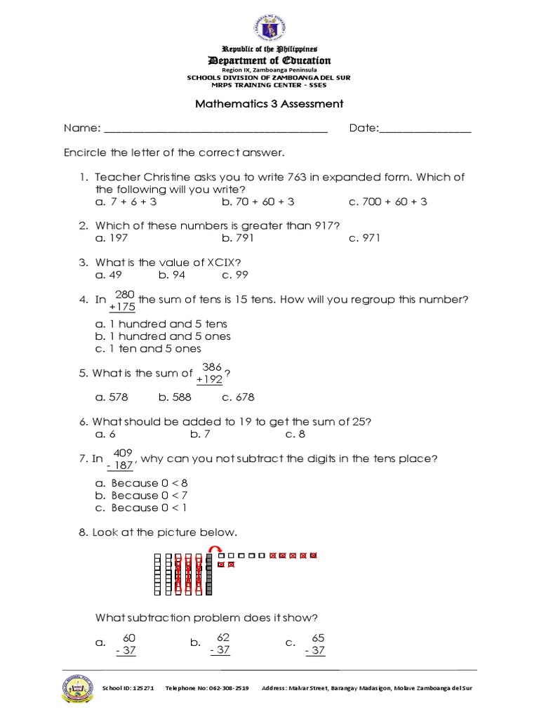 Grade 3 Mathematics Assessment Test | PDF | Arithmetic | Elementary ...