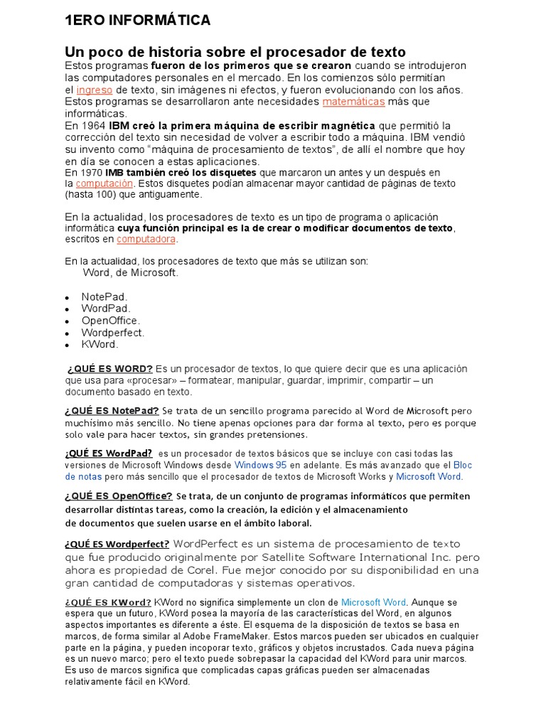 1ero Informática-Contenidos | PDF | Microsoft Word | Procesador de textos
