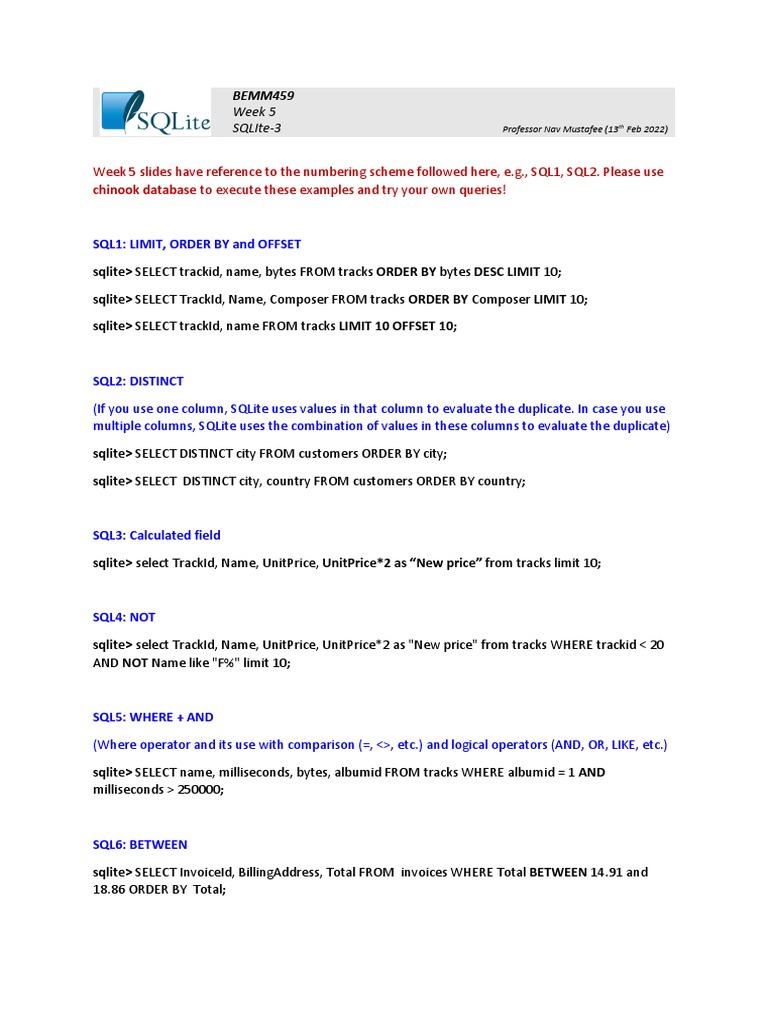 Week 5 - SQLIte - 3 - SQL SELECT (With Lecture Slides) | PDF | Sql | Computer Science
