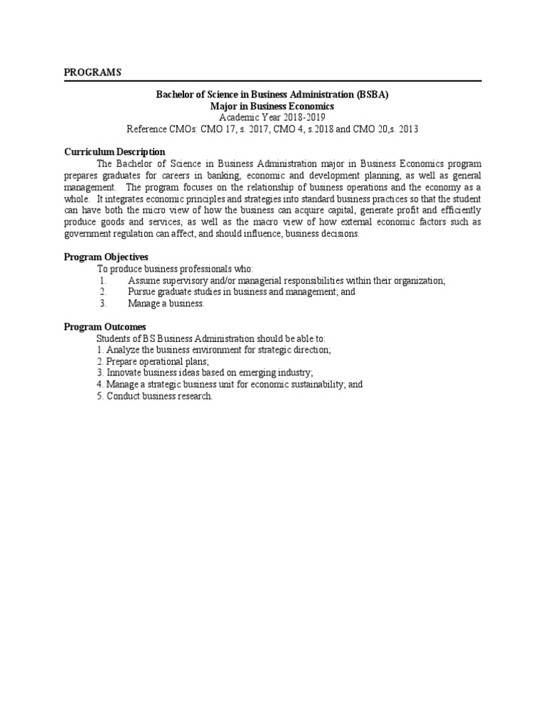 Programs Bachelor of Science in Business Administration (BSBA) Major in ...