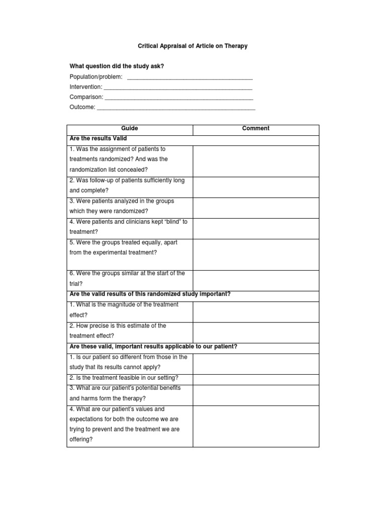 Critical Appraisal Worksheets | PDF | Randomized Controlled Trial ...