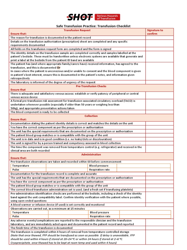 Blood Transfusion Safety Checklist | PDF | Blood Transfusion | Medical ...