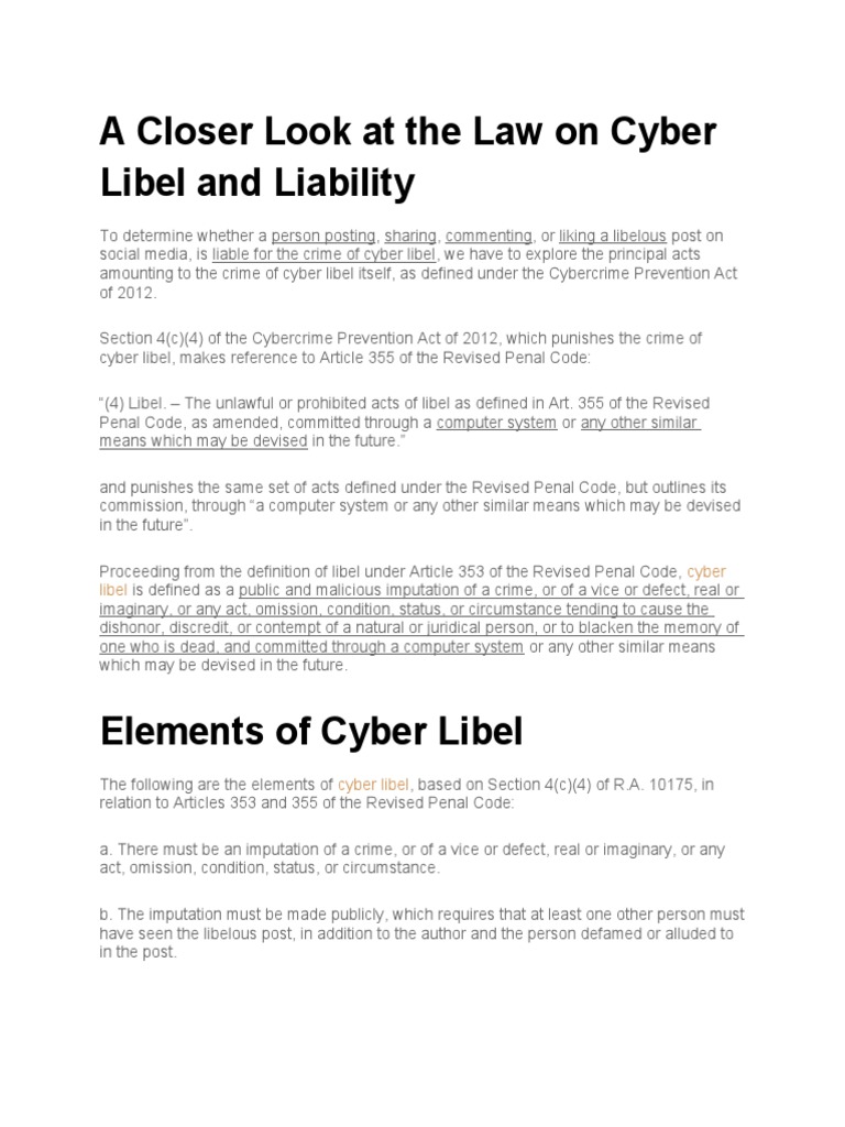 Determining Liability for Cyber Libel: An Analysis of the Law on Cyber ...