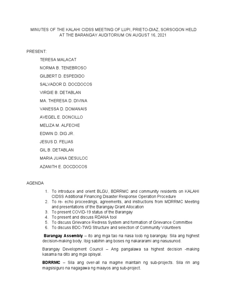 Minutes of The Kalahi Cidss Meeting of Lupi | PDF