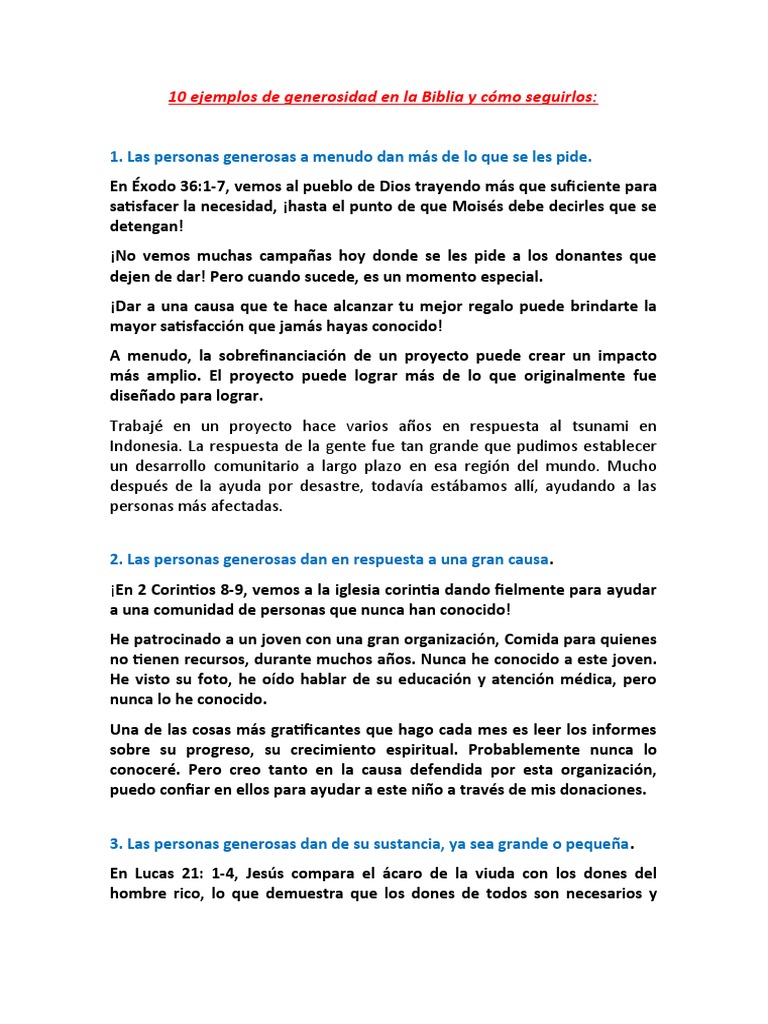 10 Ejemplos de Generosidad en La Biblia y Cómo Seguirlos | PDF ...