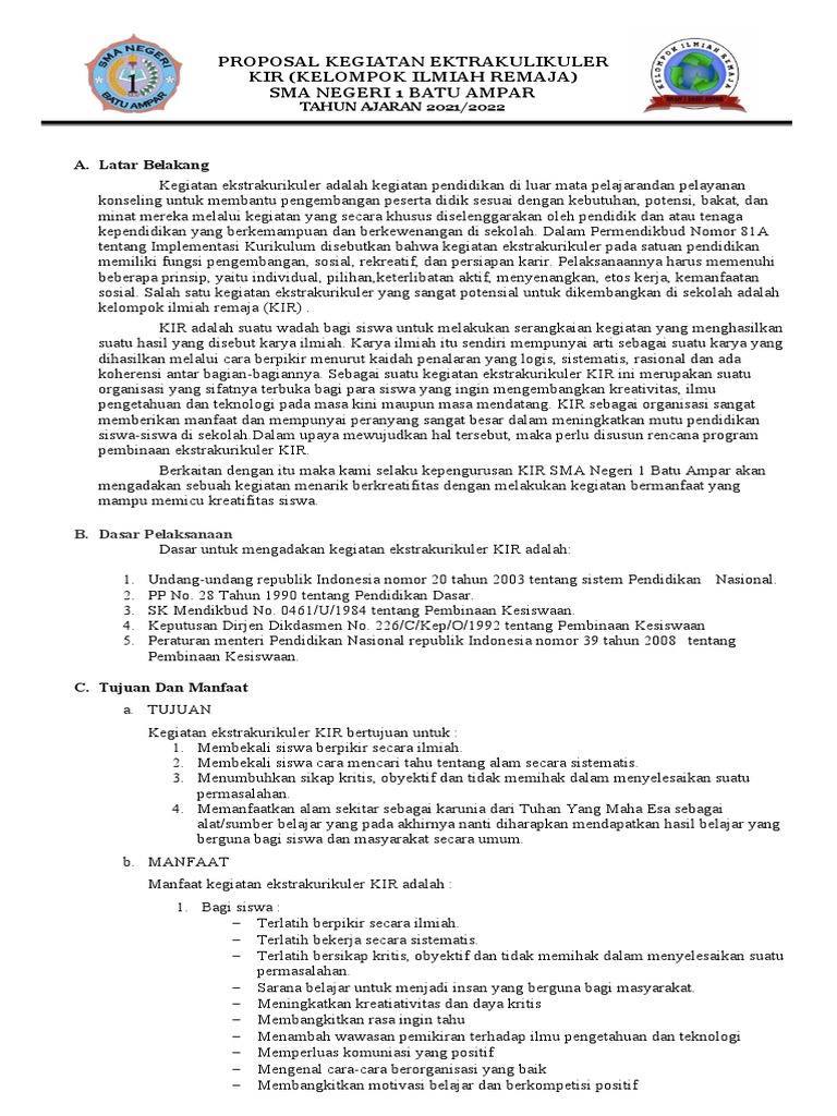 Proposal Kegiatan Ekstrakulikuler Kir | PDF