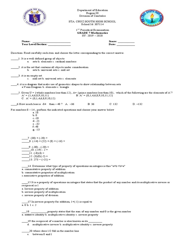 Grade 7 Math Periodic Exam 2019-2020 | PDF | Numbers | Algebra
