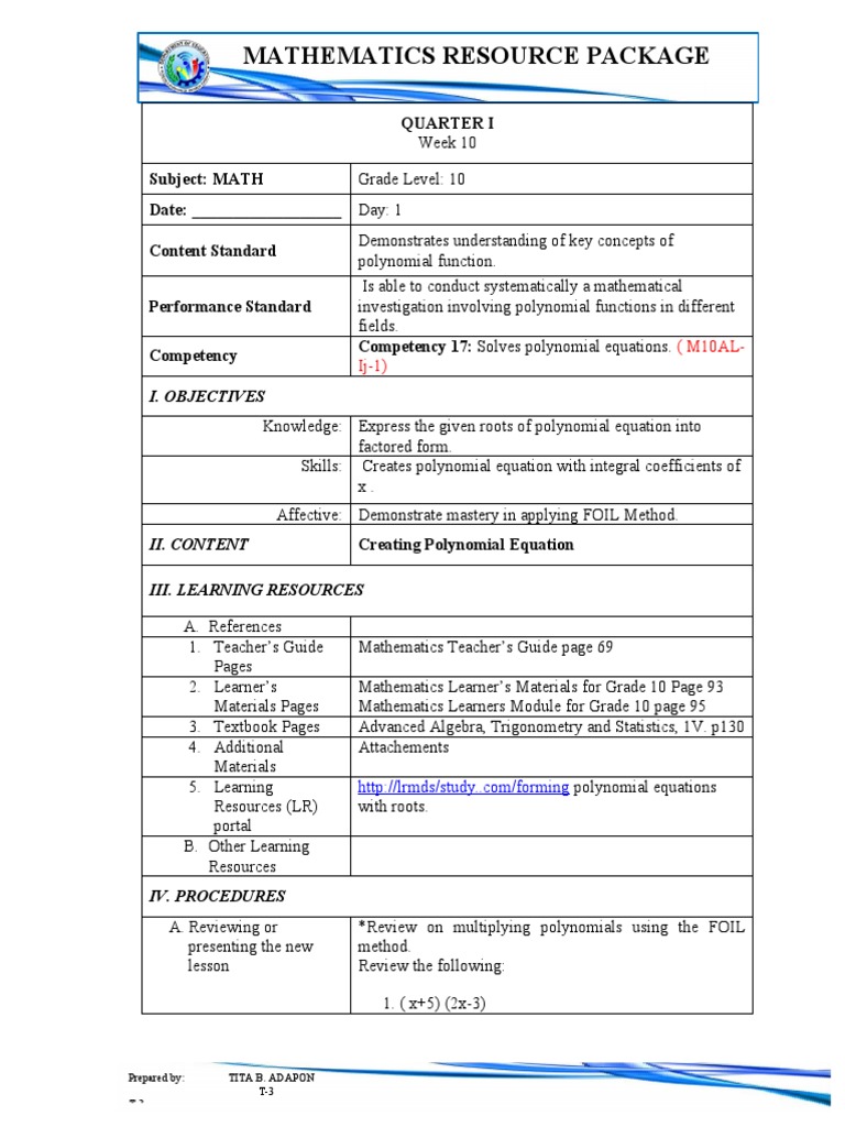 Mathematics Resource Package | PDF | Polynomial | Equations