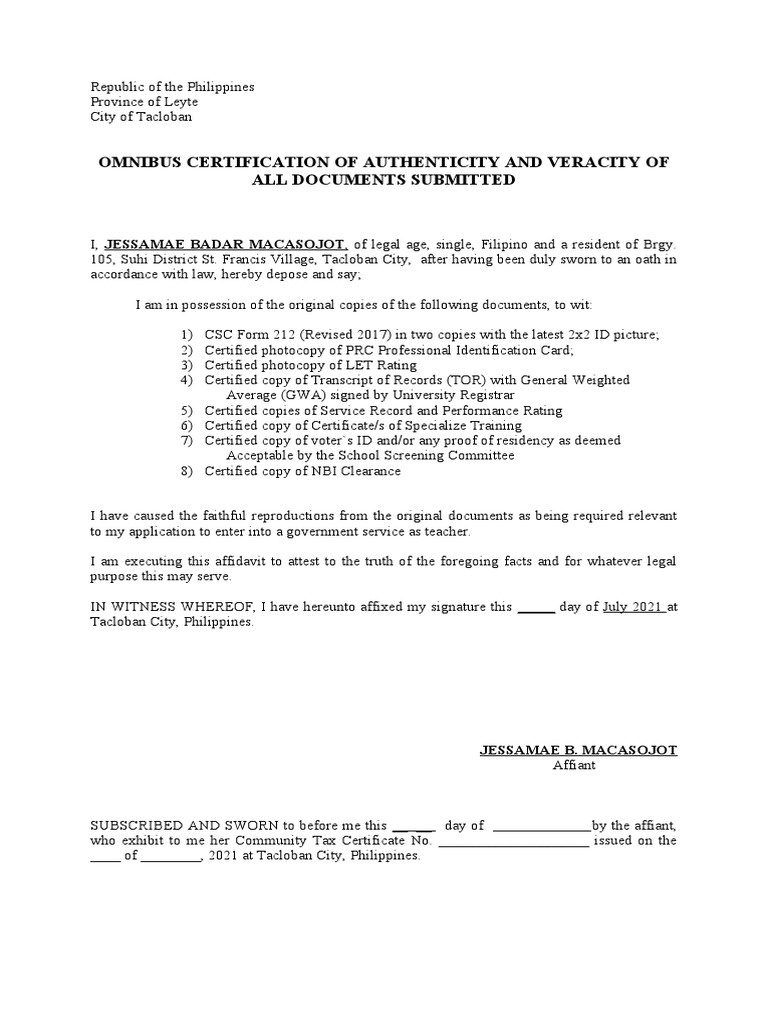 Omnibus Certification of Authenticity and Veracity of All Documents ...