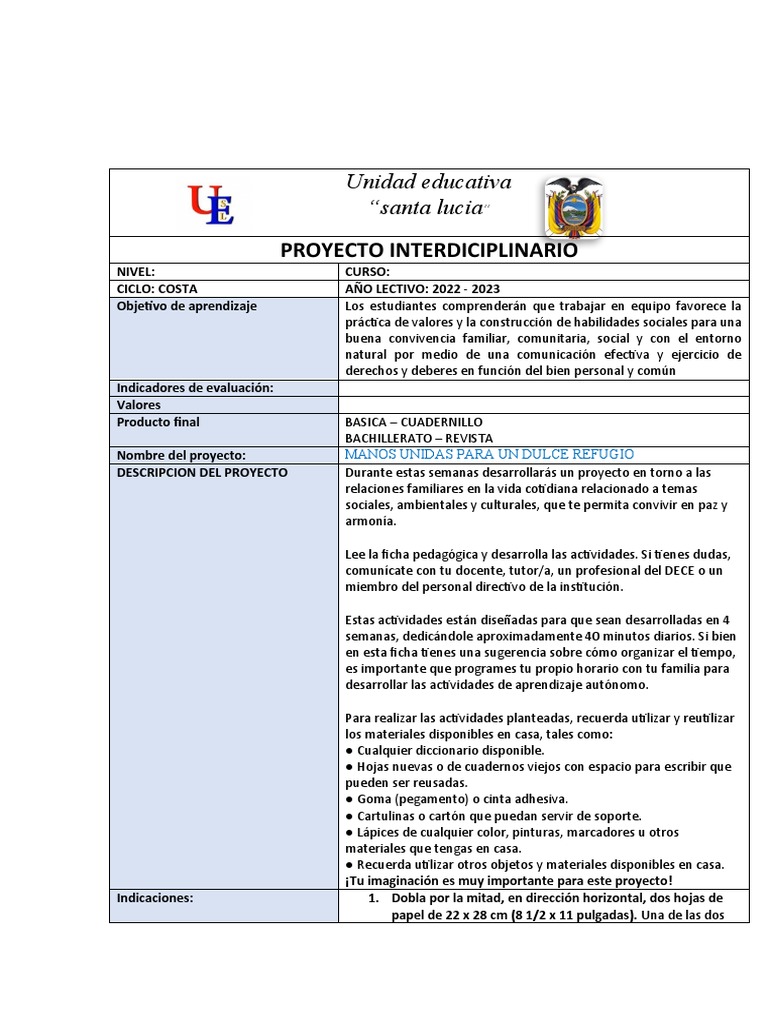 Formato de Proyecto Interdisciplinario | PDF | Educación primaria