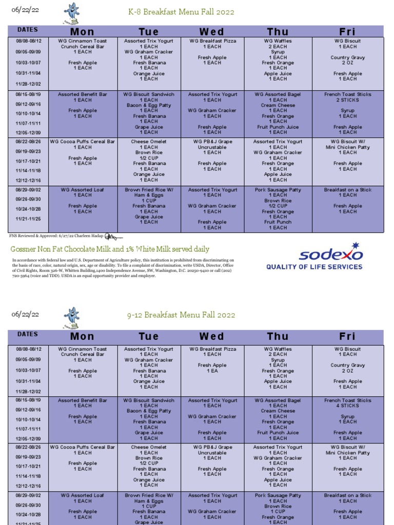 Fall 2022 Breakfast Menu k-12 | PDF