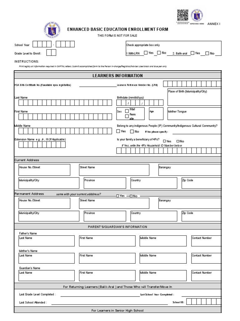 Enhanced Basic Education Enrollment Form: - Yes No Yes No | PDF | Learning