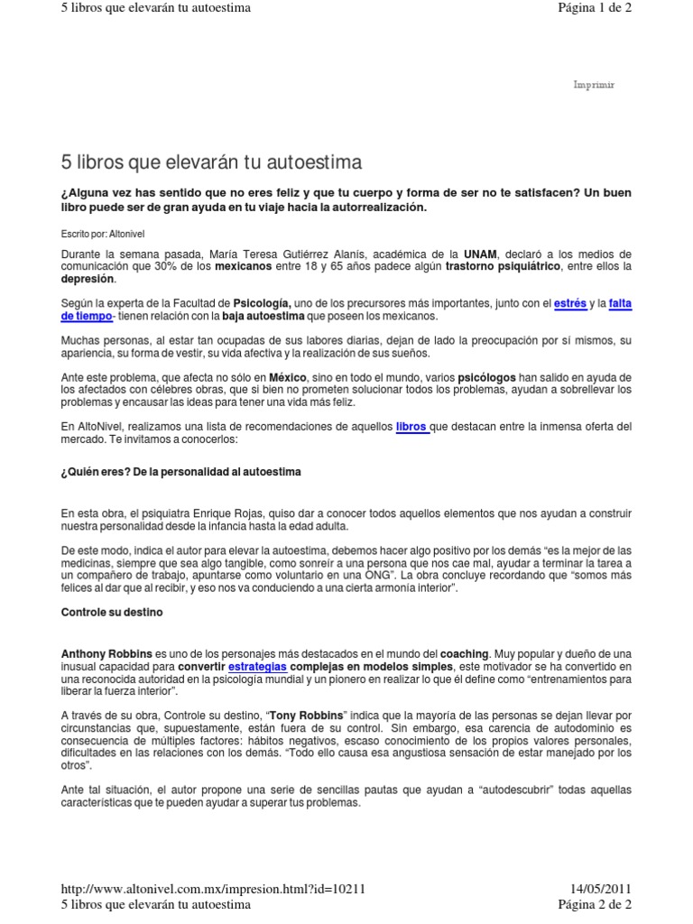 5 Libros Que Elevaran Su Autoestima | PDF | Autoestima | Conceptos ...