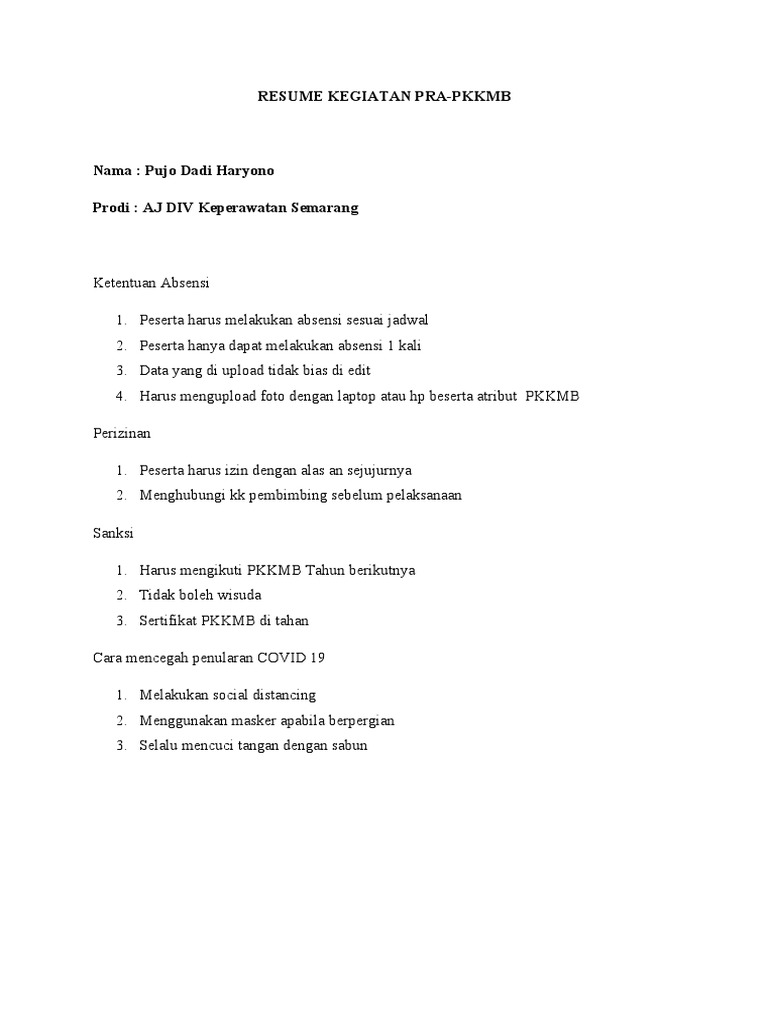 Resume Kegiatan Pra PKKMB Sesi 1 | PDF