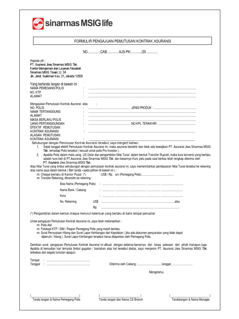 Form Pengajuan Pemutusan Kontrak Asuransi Update | PDF