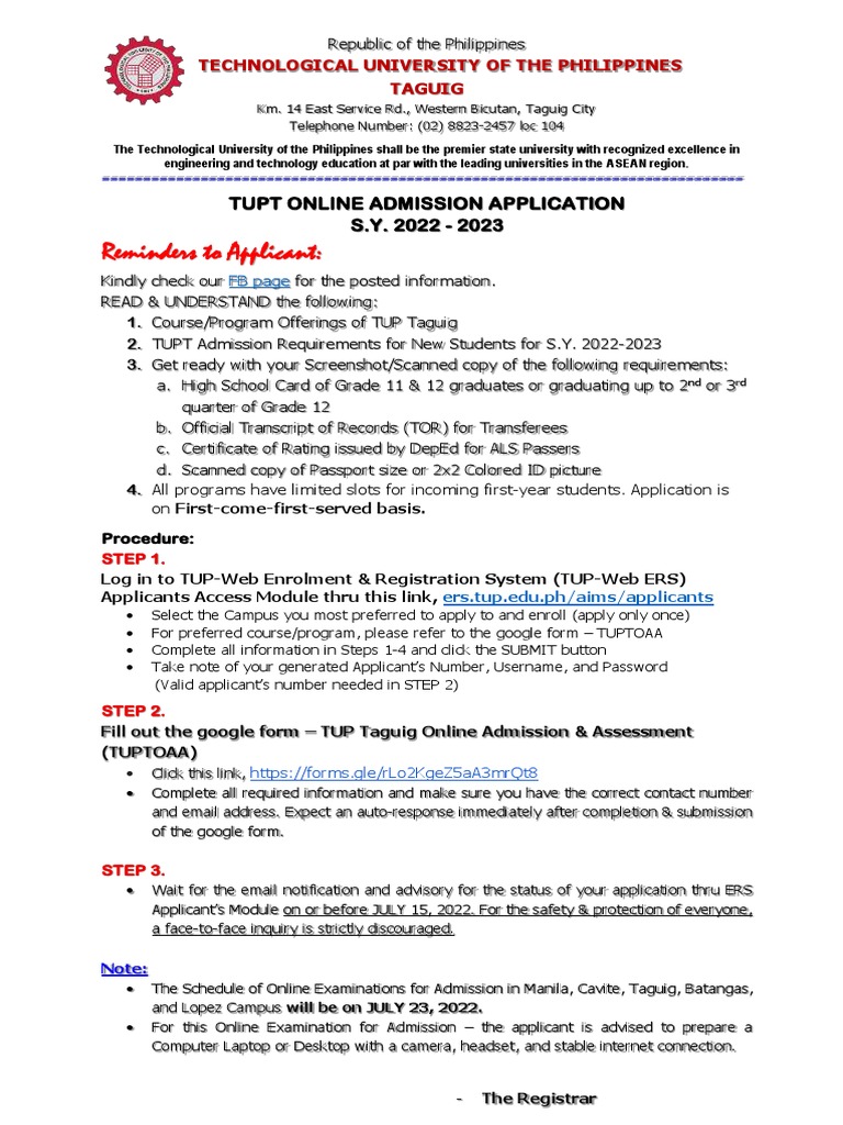 Sy 2223 Tupt Procedure For Online Admission Application | PDF | Computing