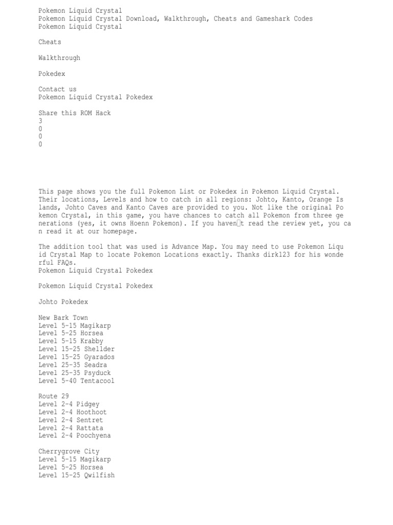 Pokemon Liquid Crystal Pokedex Guide | PDF | Mythopoeia | Nintendo ...