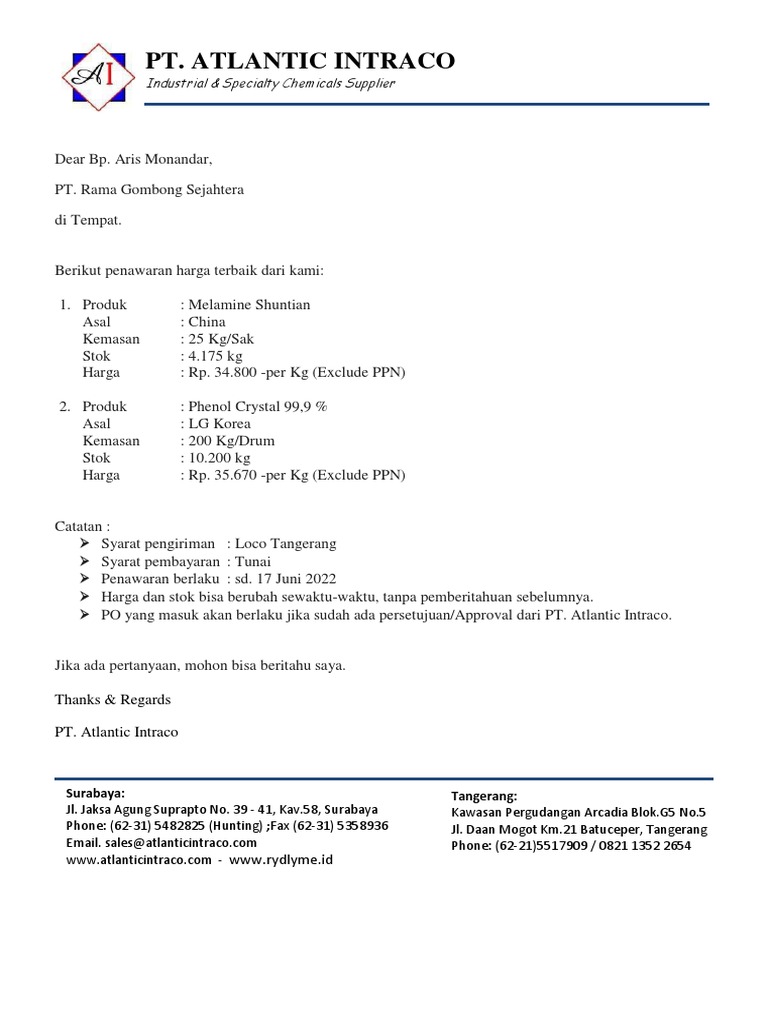 Penawaran Harga Kimia PT. Atlantic Intraco | PDF
