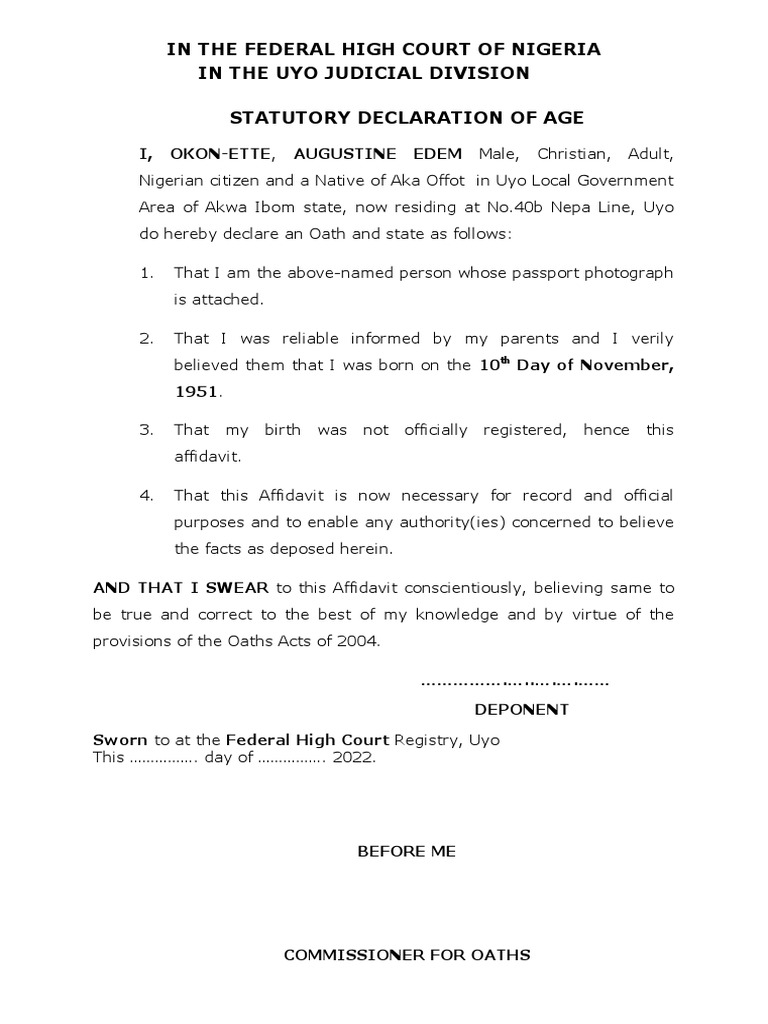 Federal High Court Affidavit Age Declaration | PDF