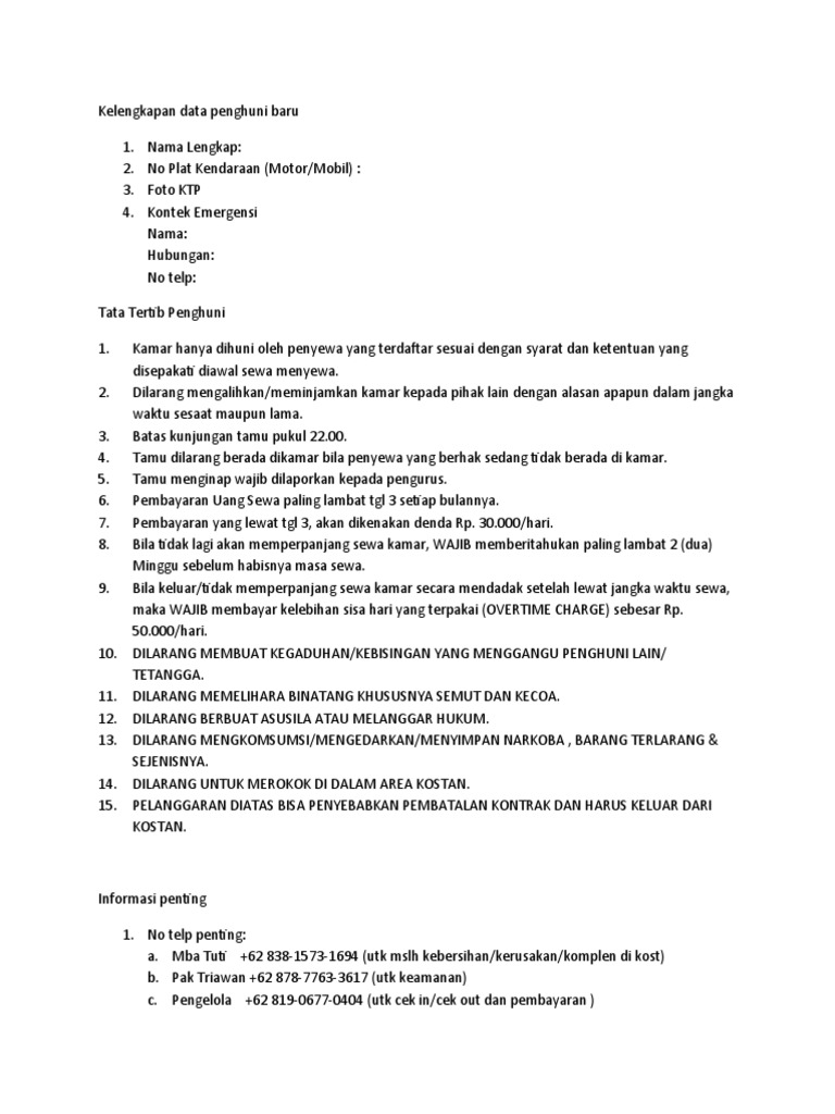 Kelengkapan Data Penghuni Baru | PDF
