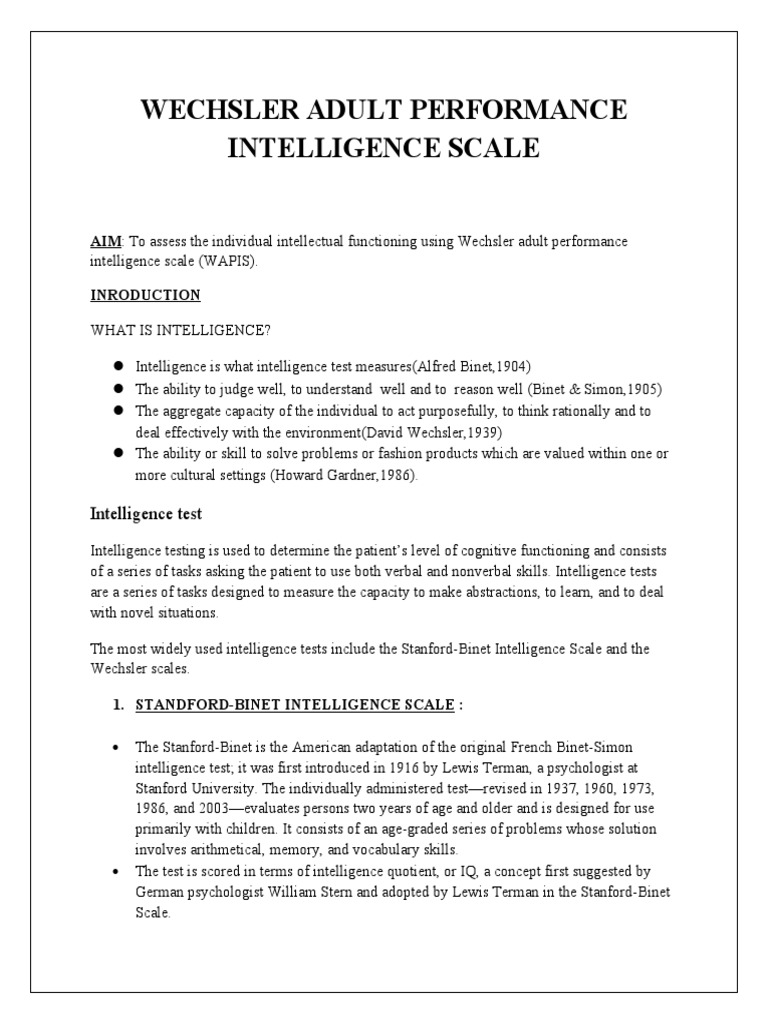 Wechsler Adult Performance Intelligence Scale | Download Free PDF | Wechsler Adult Intelligence ...