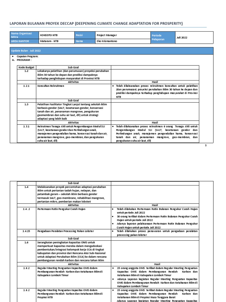 Laporan Program DECCAP Juli 2022 - KONSEPSI NTB - E1 | PDF