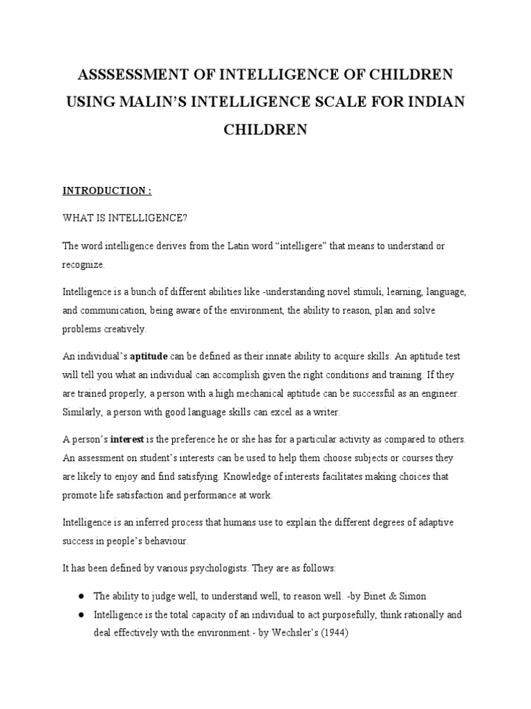 Asssessment of Intelligence of Children Using Malin'S Intelligence ...