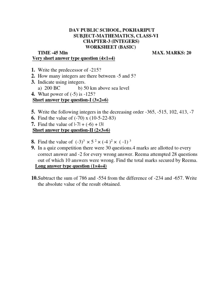Class VI-INTEGERS - WORKSHEET | PDF | Integer | Numbers