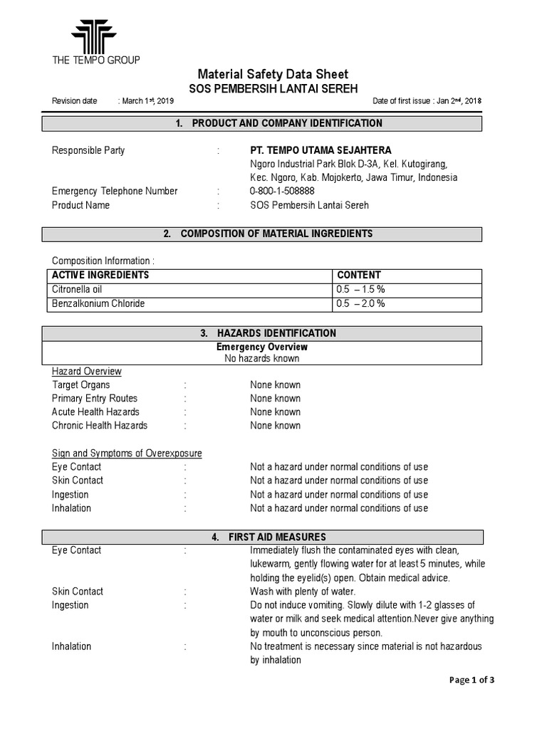 MSDS - SOS Pembersih Lantai Sereh - TUS - Rev 22.03.19 | PDF ...
