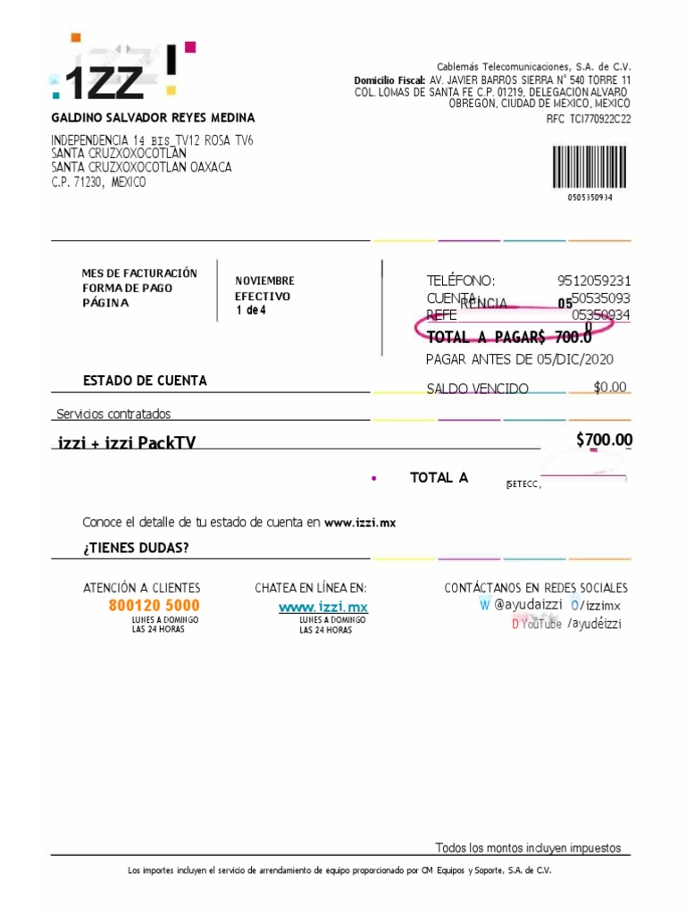 Recibo Izzi Actualizado PDF | Descargar gratis PDF | Telecomunicaciones