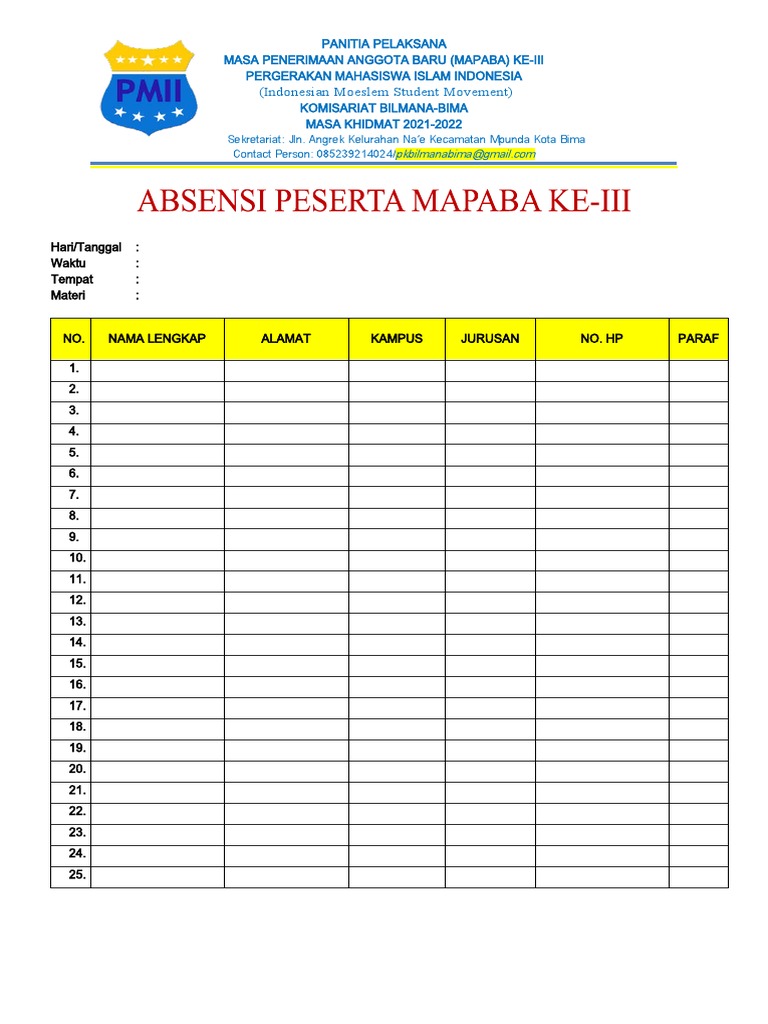 Daftar Hadir MAPABA PMII Bilmana-Bima | PDF | Ilmu Sosial